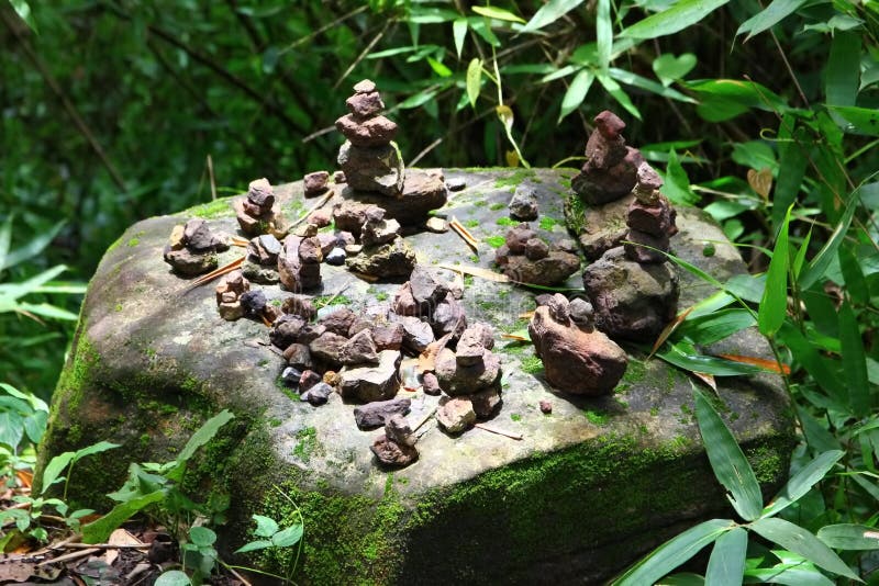 Little Brown Stones Stacking on the Stone with Trees Background Stock ...