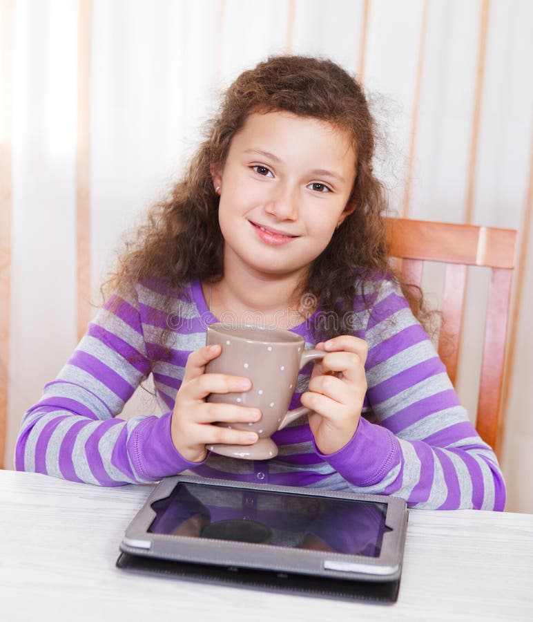 Little Brunette Girl Using Tablet Computer Stock Image - Image of cute ...
