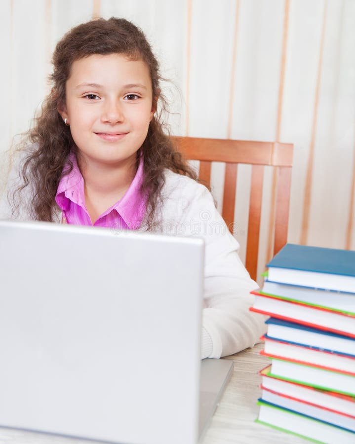 Little Brunette Smiling Girl with Laptop Stock Photo - Image of cute ...