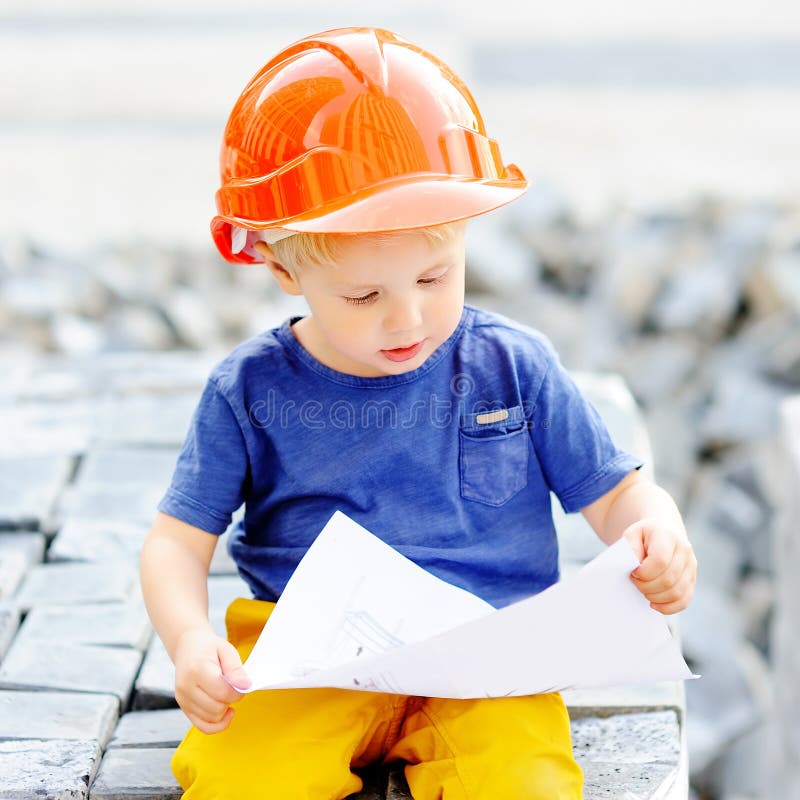 Little Builder Reading Construction Drawing Stock Image - Image of ...