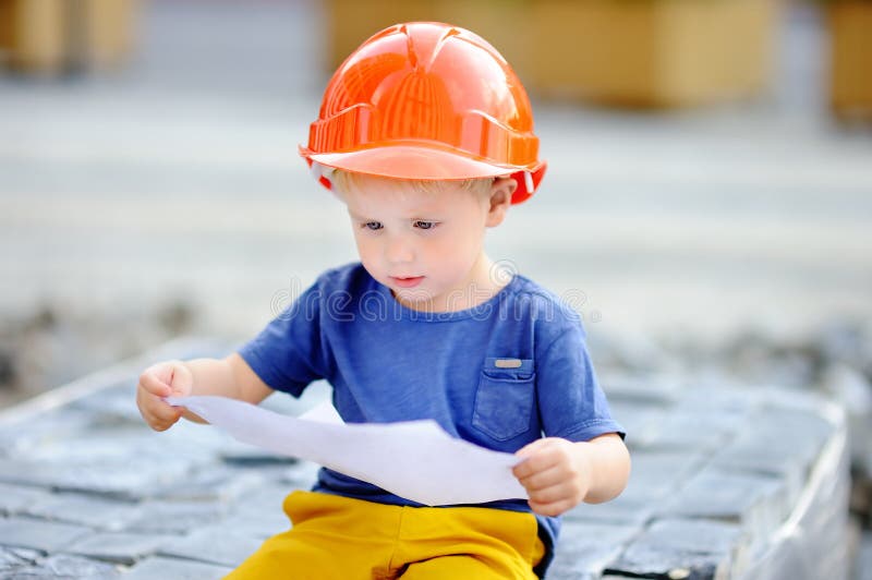 Little Builder Reading Construction Drawing Stock Photo - Image of ...