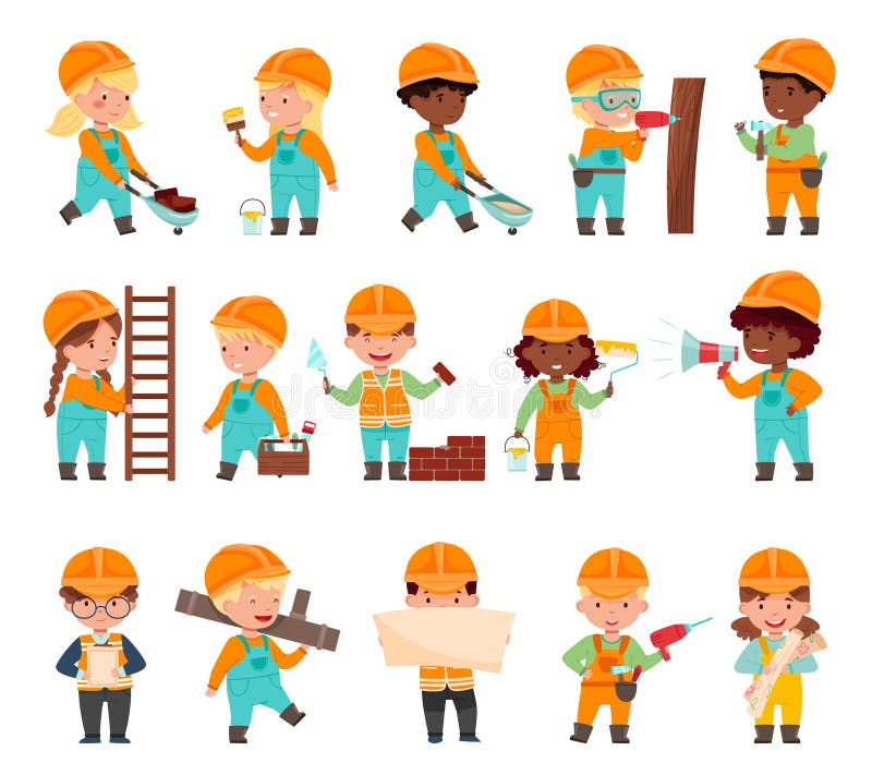 Little Builders Wearing Hard Hat with Construction Tools Executing Work ...