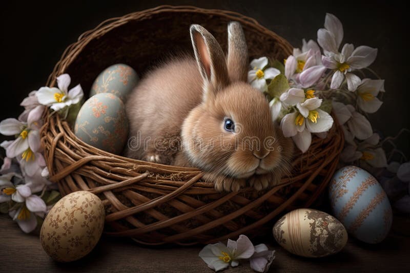 Little Bunny in Basket with Decorated Eggs - Easter Card Stock ...