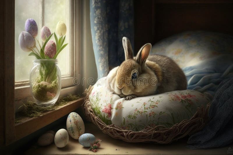 Little Bunny in Basket Rabbit and Easter Eggs. Stock Illustration ...