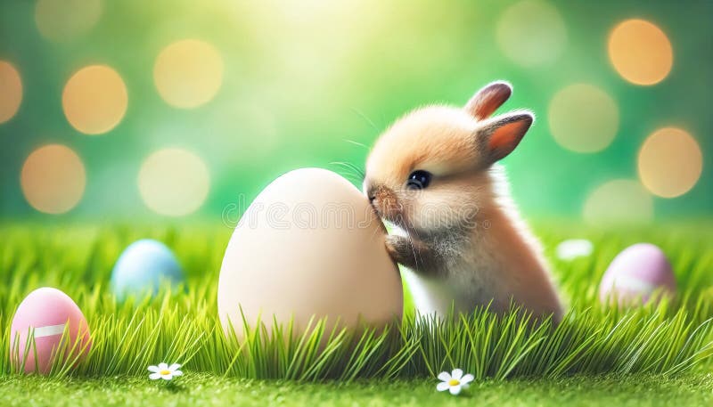 A Little Bunny with a Big Egg in the Field. Easter Time Stock ...