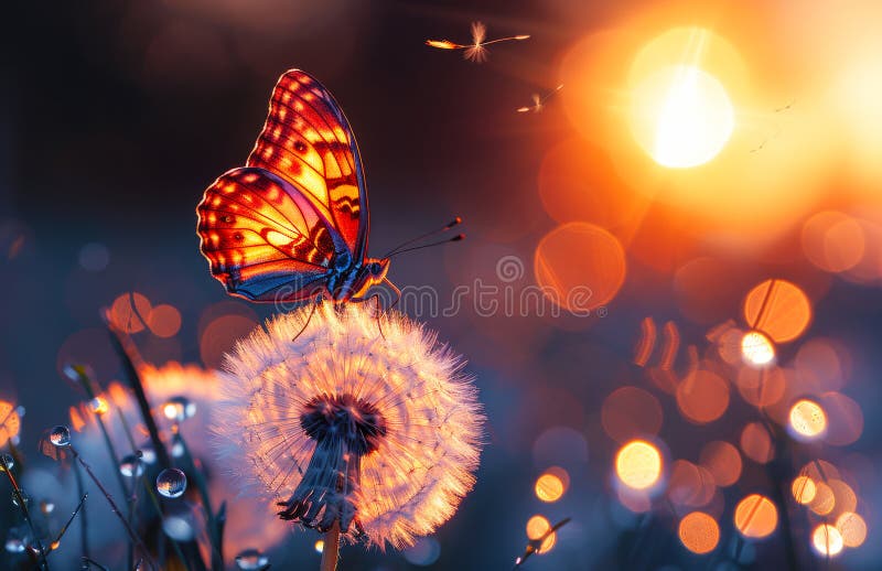 Little Butterfly Sits on Dandelion in the Rays of the Sun Stock Photo ...