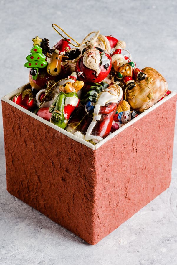 Little Carton Box with Different Christmas Decorations Stock Image ...
