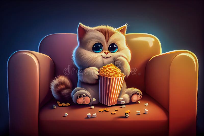 Little Cartoon Cat Eating Popcorn in a Chair. Generative AI, Generative ...
