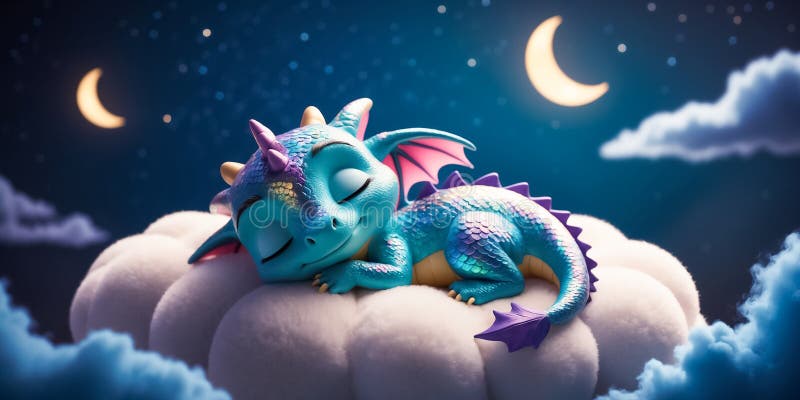 Little Cartoon Dragon Sleeping on a Cloud Decoration Stock Illustration ...