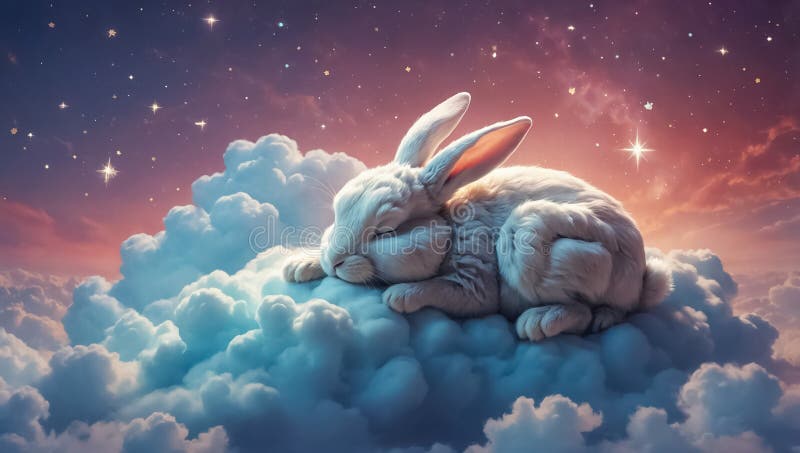 Little Cartoon Fluffy Rabbit a Cloud Stock Illustration - Illustration ...