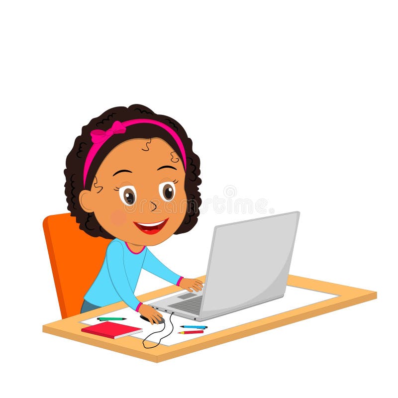 Little Cartoon Girl Using Computer Stock Vector - Illustration of ...