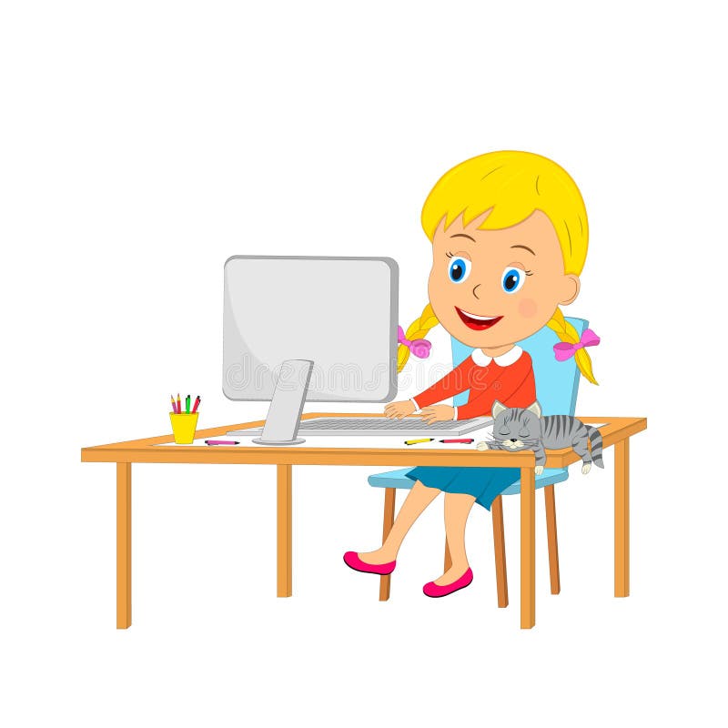 Little Cartoon Girl Using Computer Stock Vector - Illustration of ...