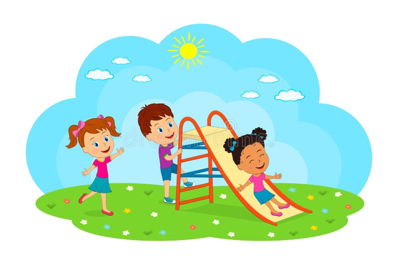 Little Cartoon Kids Play on the Slide Stock Vector - Illustration of ...