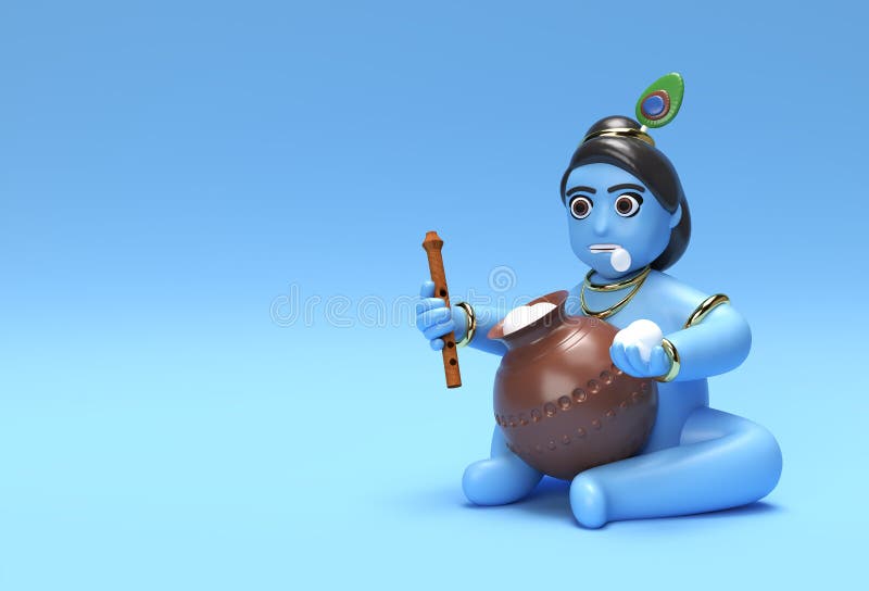 Little Cartoon Krishna with a Pot of Butter. 3D Render Illustration ...