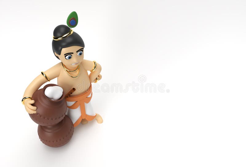 Little Cartoon Krishna with a Pot of Butter. 3D Render Illustration ...