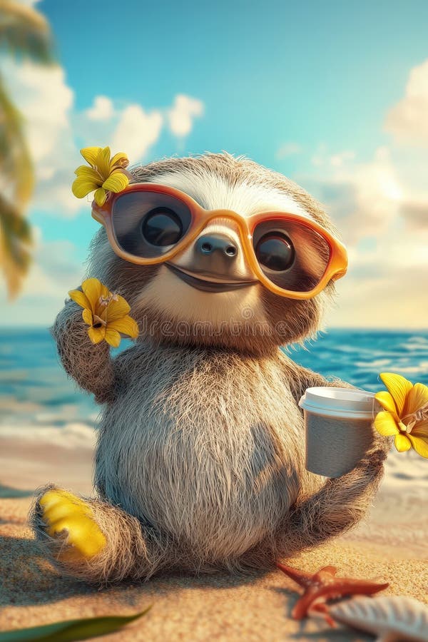 Little Cartoon Sloth on the Beach. Selective Focus Stock Image - Image ...