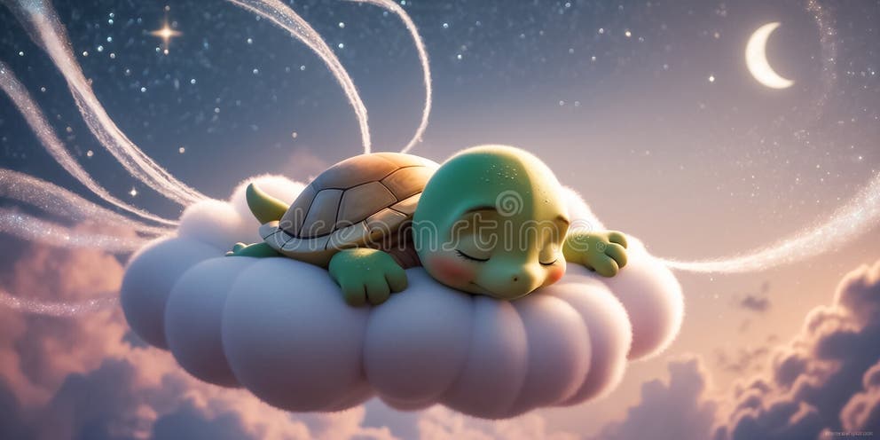Little Cartoon Turtle Sleeping on a Cloud Decoration Stock Illustration - Illustration of cozy ...