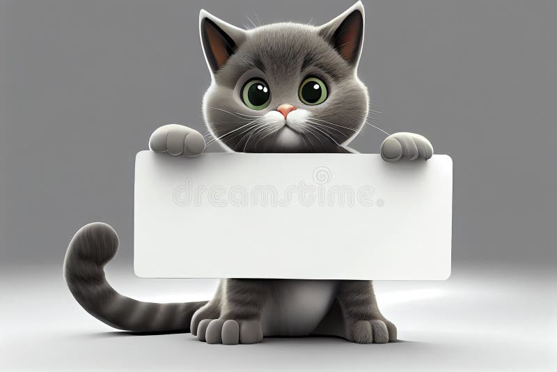 Little Cat Character Holding Blank Banner in 3d Rendering Stock ...