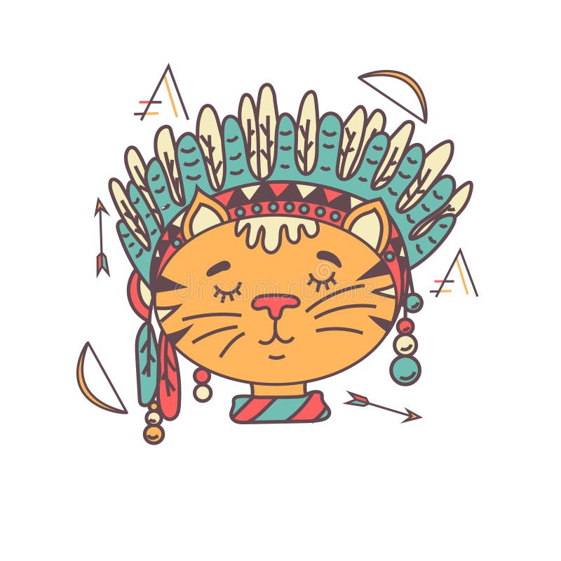 Little Cat Dressed As an Indian. Illustration for Children. Stock ...
