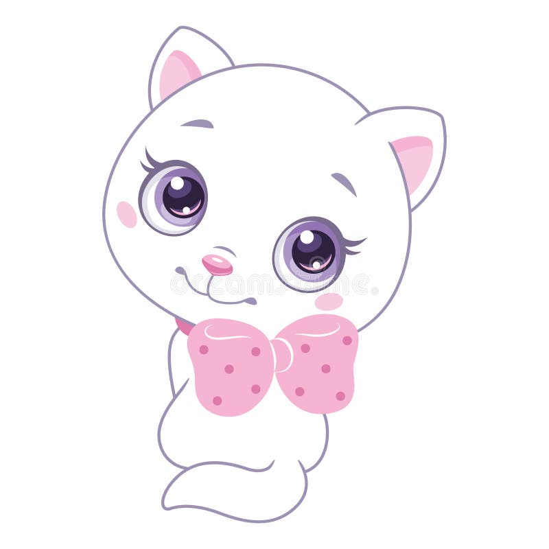 Little White Cat with Pink Bow Sitting and Looking Back Stock Vector ...
