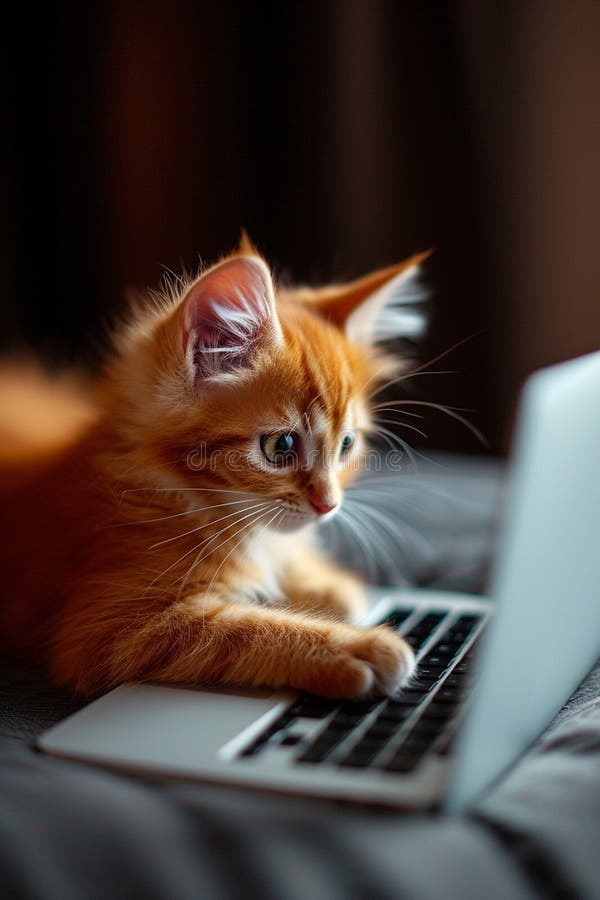 A Little Cat is Working on a Laptop Stock Photo - Image of notebook ...