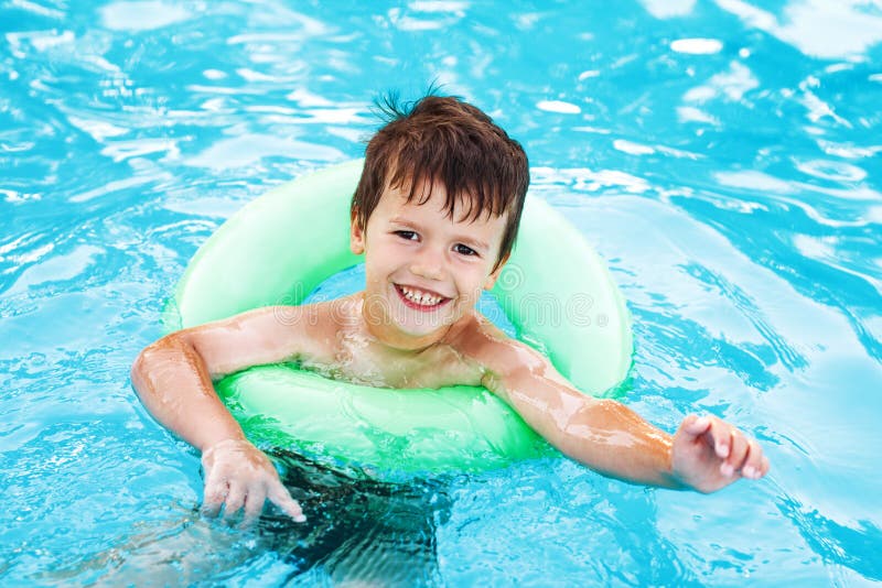 Little Caucasian Boy Learning Swim with Saver Stock Image - Image of ...