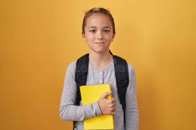 Little Caucasian Boy Wearing Student Backpack and Holding Book Thinking ...