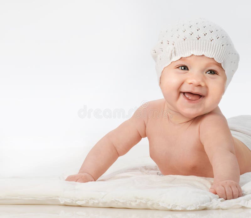 Adorable Little Baby on Bed Stock Photo - Image of crawling, portrait ...