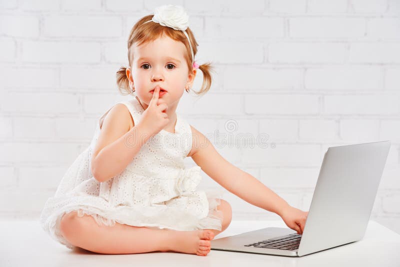 Little Child Baby Girl Works at Computer at Home Stock Image - Image of ...