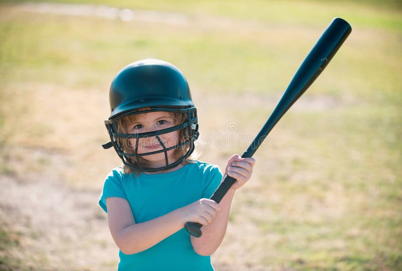 Little Child Baseball Player Focused Ready To Bat. Kid Holding a ...