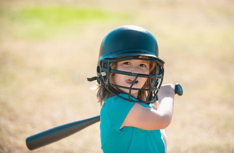 Little Child Baseball Player Focused Ready To Bat. Kid Holding a ...