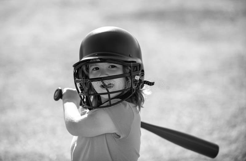 Little Child Baseball Player Focused Ready To Bat. Kid Holding a ...