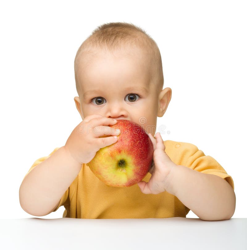 Little Child is Biting Red Apple Stock Image - Image of beautiful, bite ...