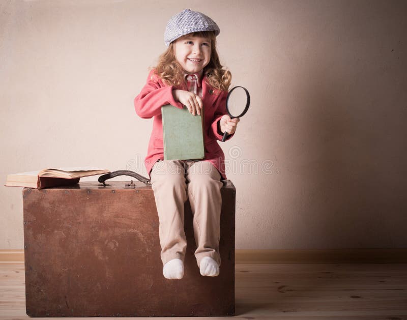 Little Child with Book on Suitcase Stock Photo - Image of depressed ...
