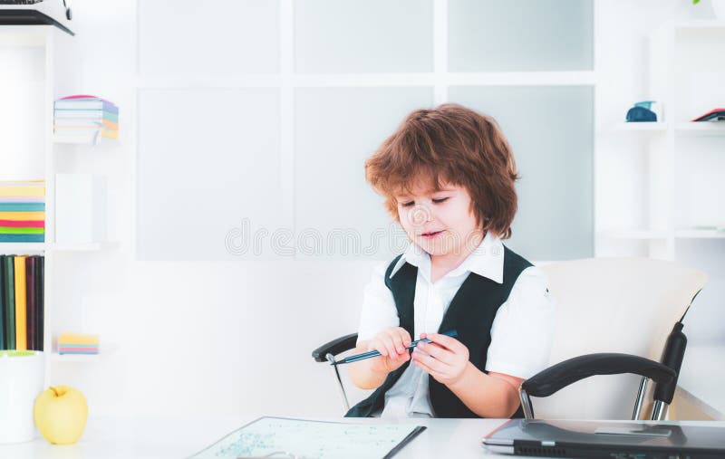 Little Child Boy Business Man Working in Office. Stock Image - Image of ...