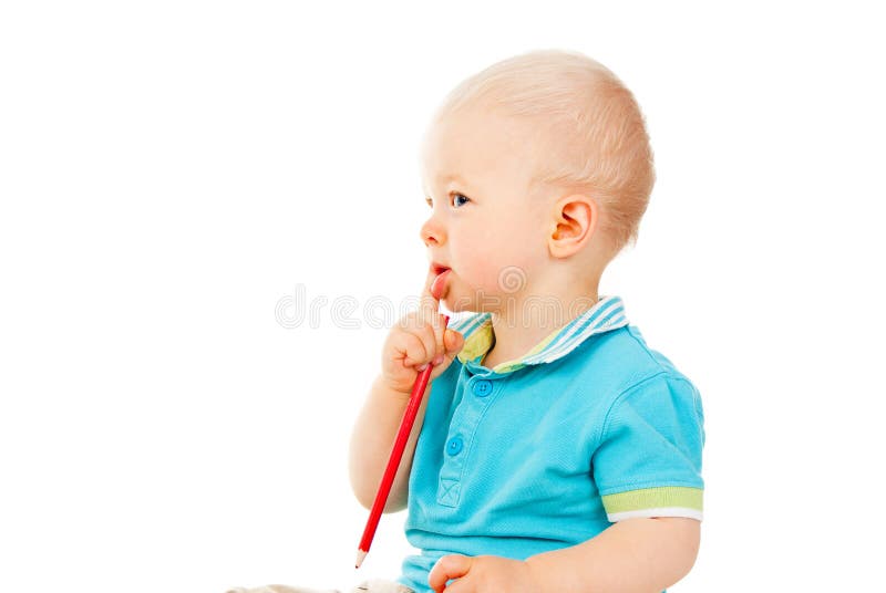 Little Child Boy Holding a Pencil Stock Image - Image of beauty ...