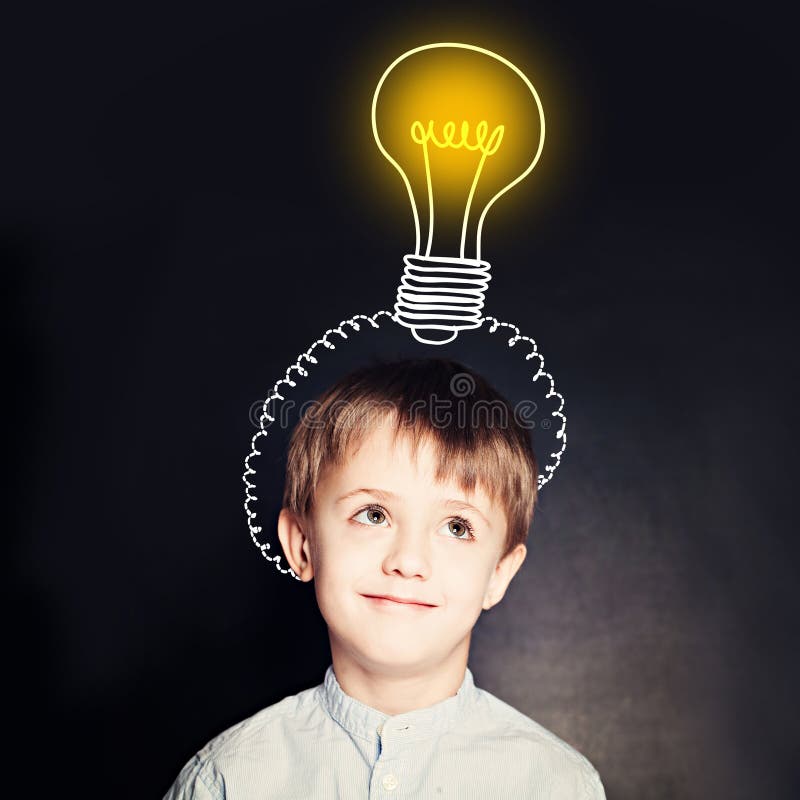 Little Child Boy Student with Yellow Light Bulb and Question Marks on ...