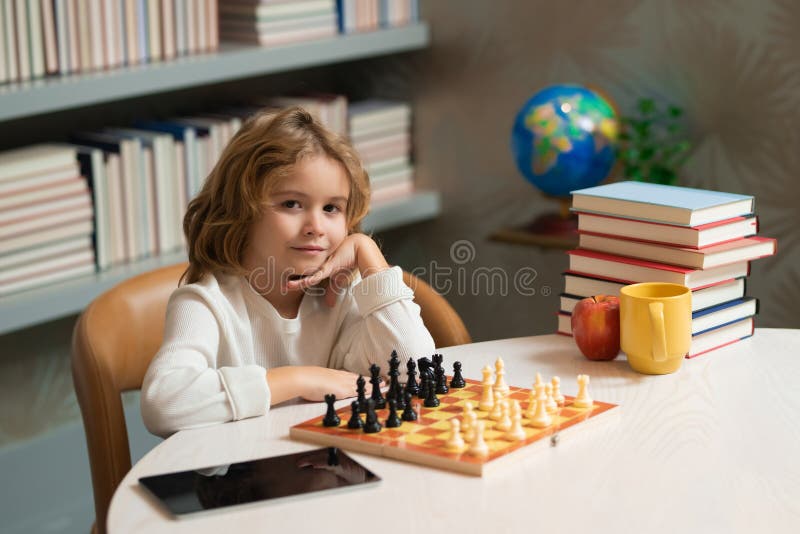 Little Child Chessman Play Chess Game, Checkmate. Kid Playing Chess in ...