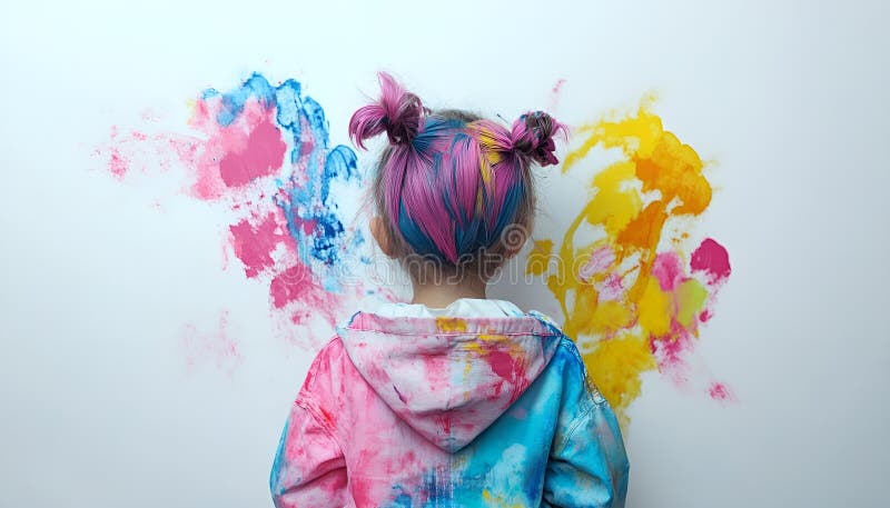 Little Child Drawing on White Wall with Bright Colors, Rear View Stock ...