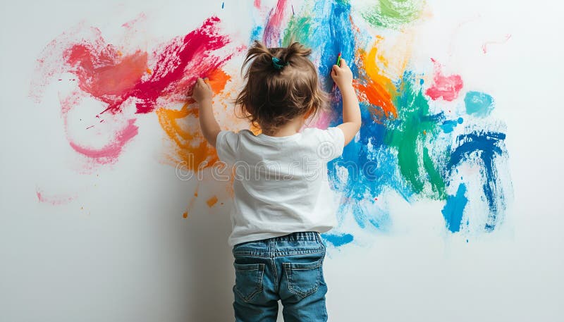 Little Child Drawing on White Wall with Bright Colors, Rear View Stock ...