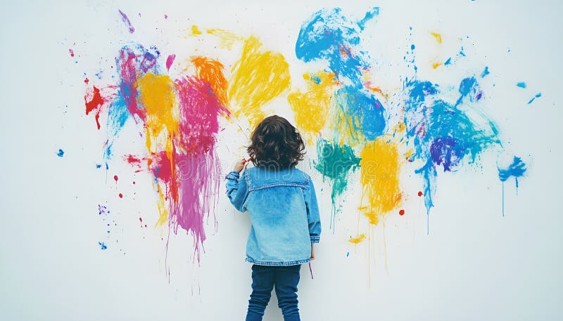Little Child Drawing on White Wall with Bright Colors, Rear View Stock ...