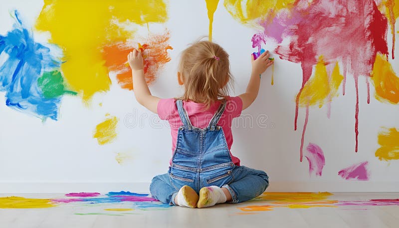 Little Child Drawing on White Wall with Bright Colors, Rear View Stock ...