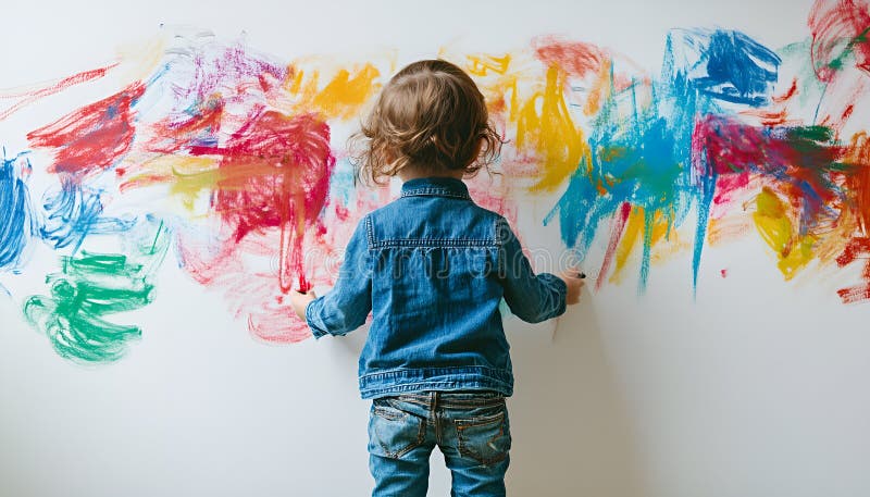 Little Child Drawing on White Wall with Bright Colors, Rear View Stock ...