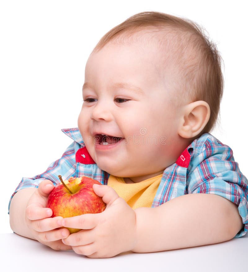 Little Child is Eating Red Apple and Smile Stock Photo - Image of food ...