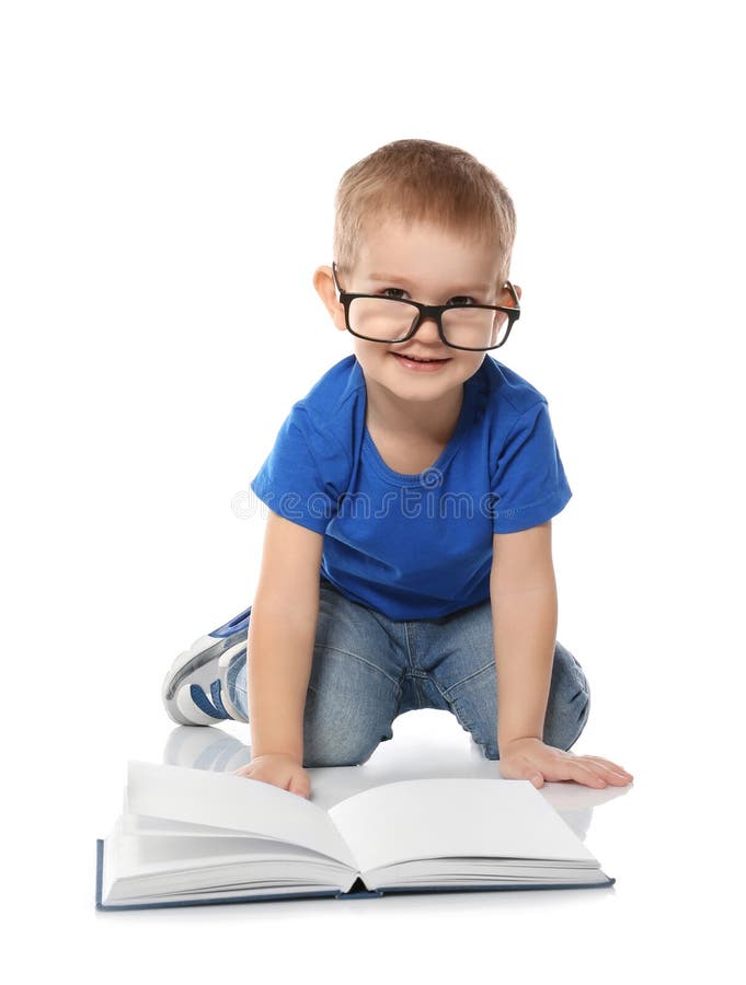 Little Child with Eyeglasses and Book on White Stock Photo - Image of ...