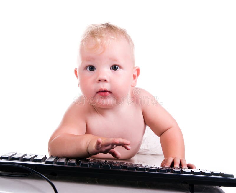 Little Child Holding Keyboard Stock Photo - Image of cutout, background ...