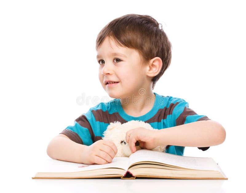 Little Child Play with Book Stock Photo - Image of horizontal, brunette ...