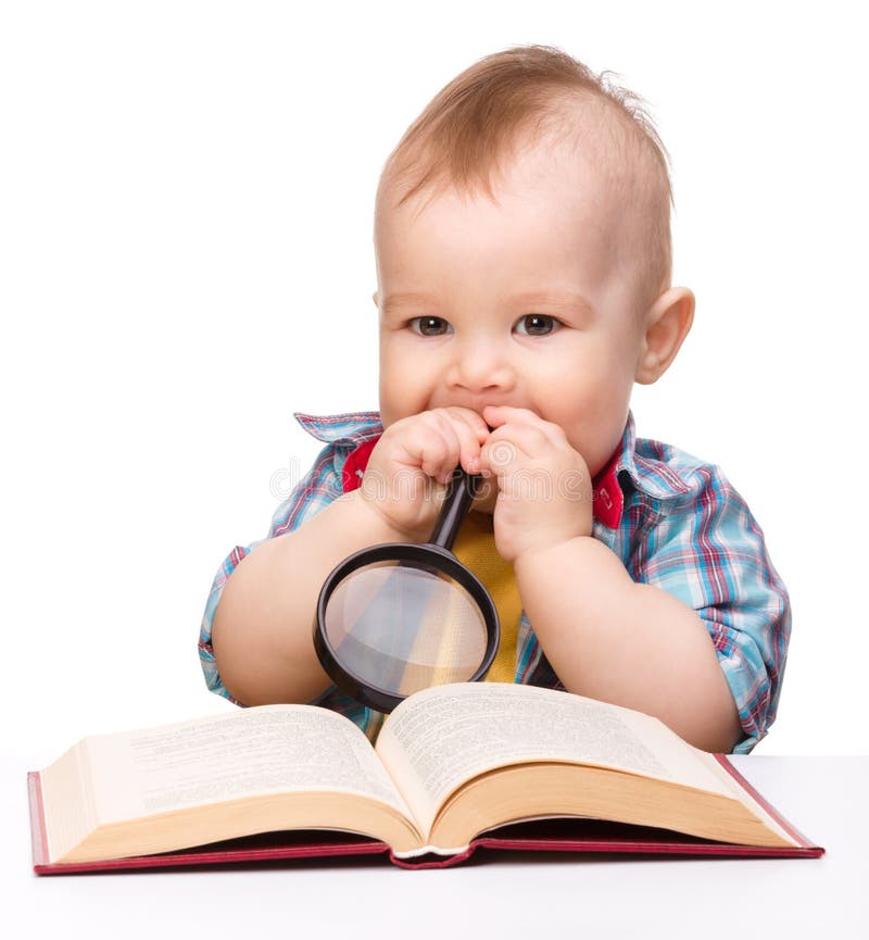 Little Child Play with Book and Magnifier Stock Image - Image of ...
