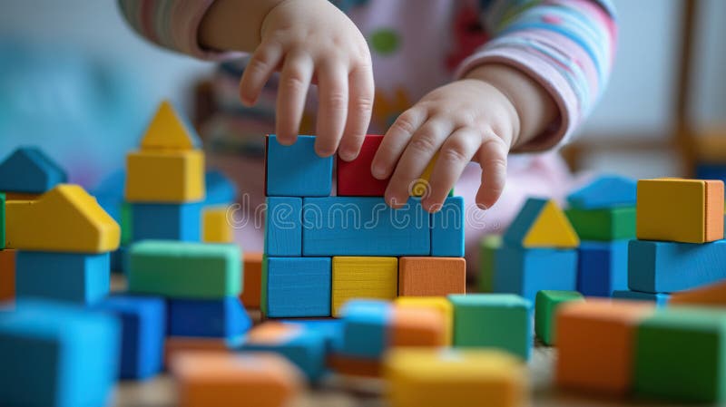 Little Child is Playing with Brick Constructor in Kids Room Stock ...