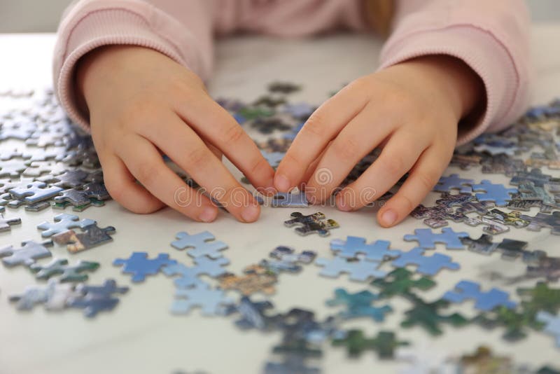 Little Child Playing with Puzzles at Table Closeup Stock Image - Image ...